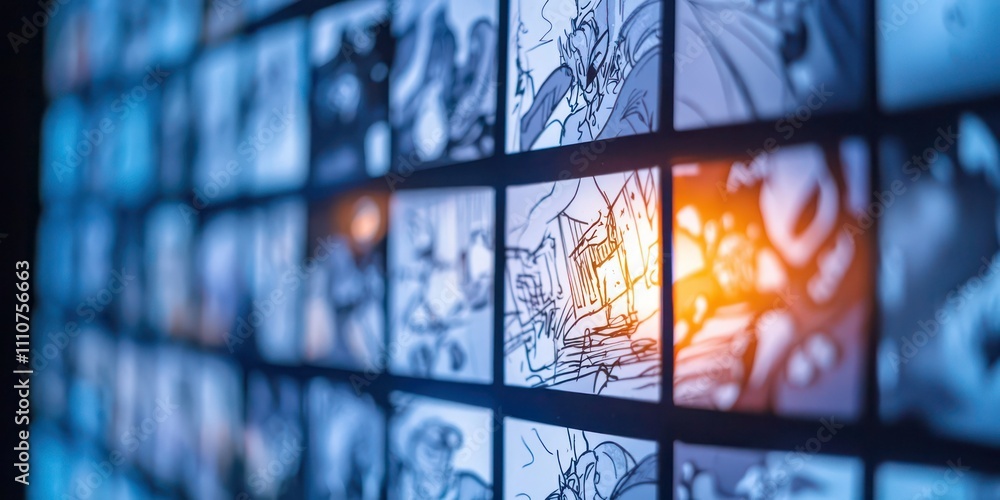 A close-up of a storyboard filled with hand-drawn frames illustrating a ...