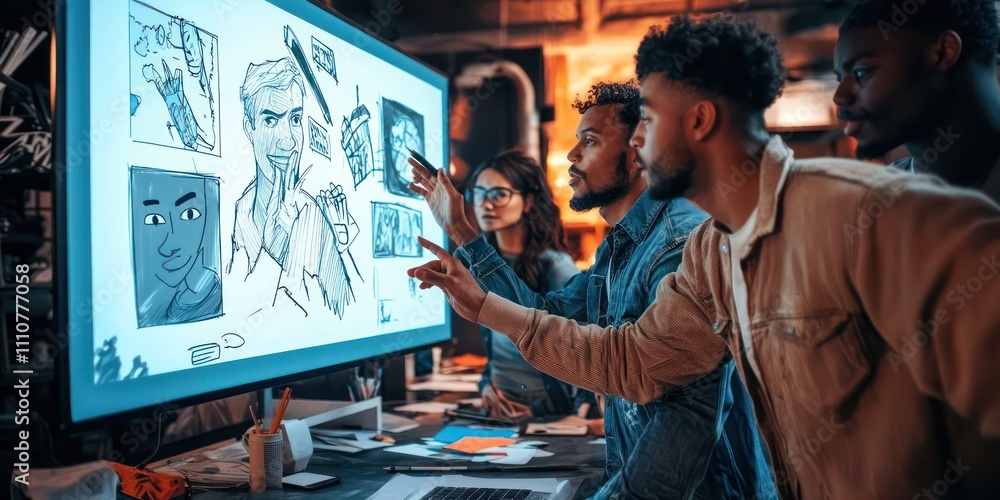 A team of animators discussing a storyboard on a large screen in a ...