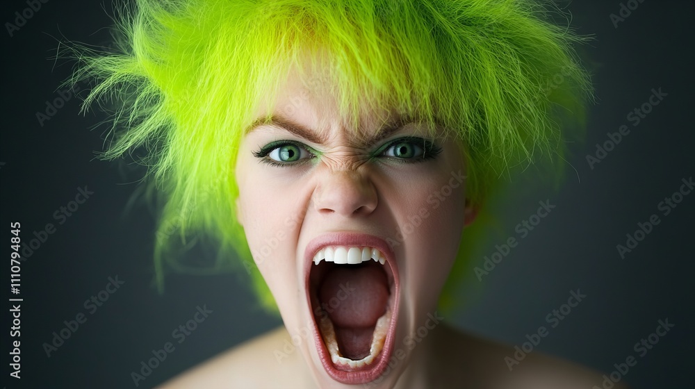 Angry young woman with bright green hair passionately expressing her ...
