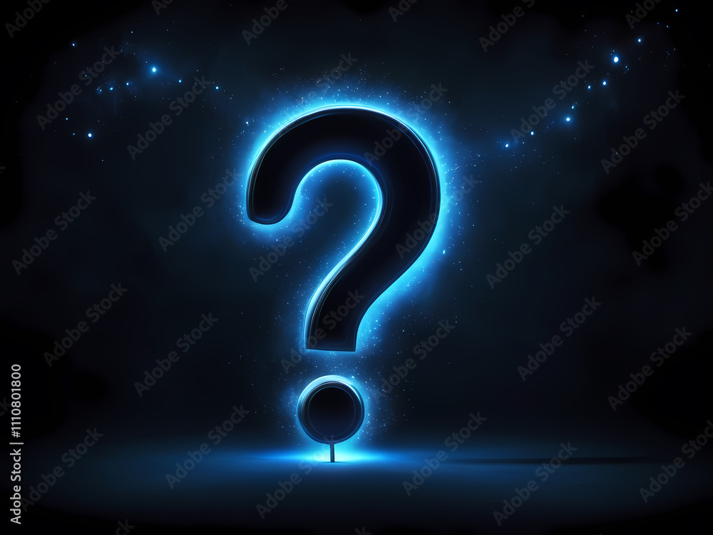 A radiant, electric blue glowing question mark, with a soft, pulsing ...