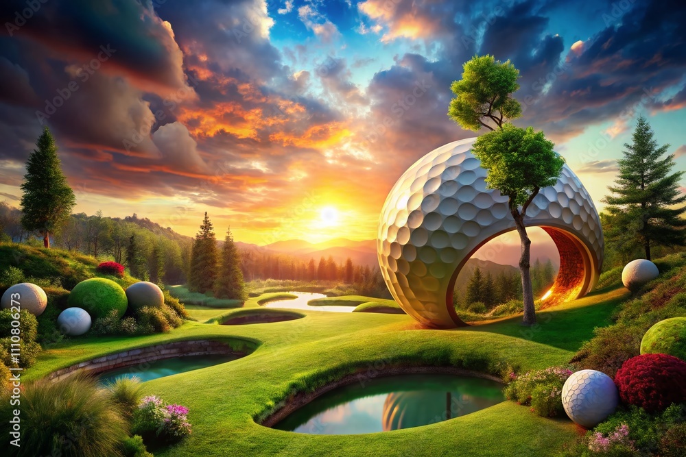 Surreal Landscape Featuring a Giant Golf Ball Opened Up to Reveal a ...