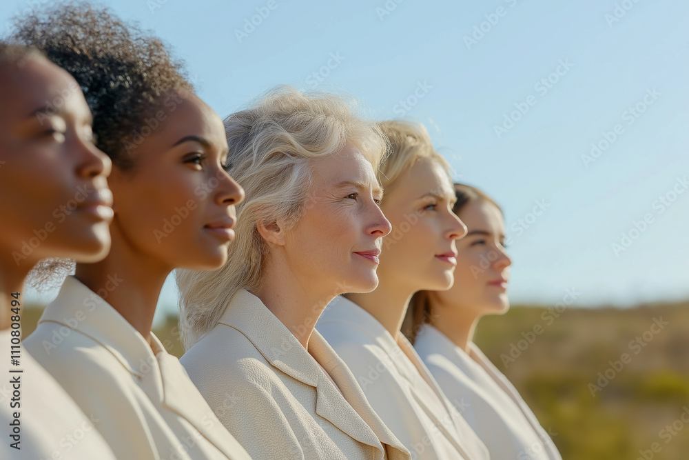 Photorealistic photograph of various women standing in line, each woman ...