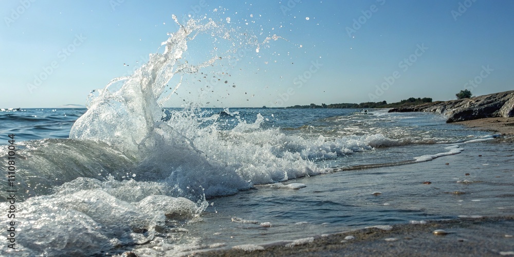 Water splashing against the shore as strong ripples spread out from a ...