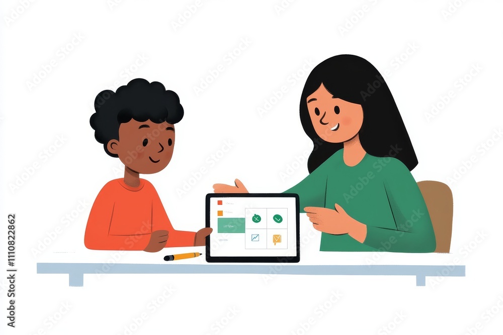 Tutoring Session: A Young Boy and His Teacher Using a Tablet for ...