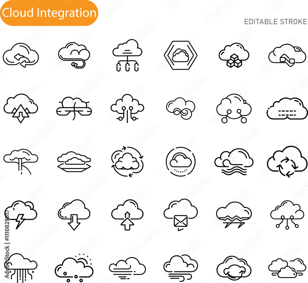 Cloud Computing Integration Icons, Network, Data, Storage, Connectivity ...