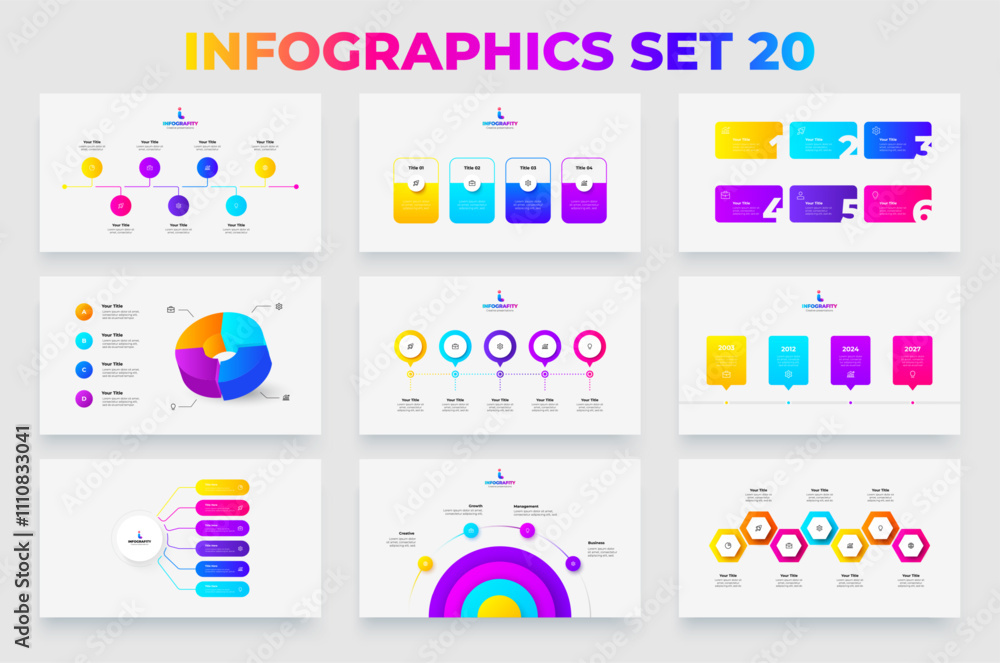 Vibrant set of infographic templates featuring timelines, pie charts ...
