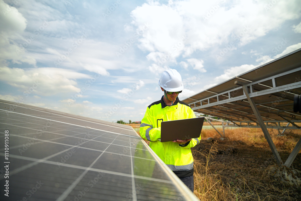 Renewable Energy Eco Technology Electric Power. Worker assemble energy ...