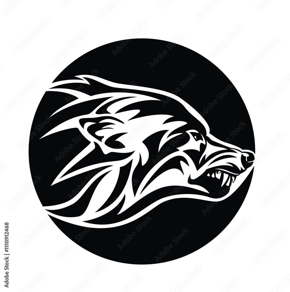 furious snarling wolf profile head inside circle emblem - side view ...