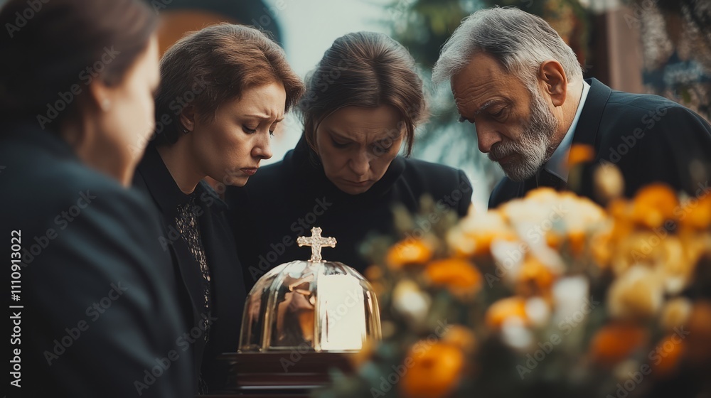Mourning family members stand together at a gravesite, paying their ...