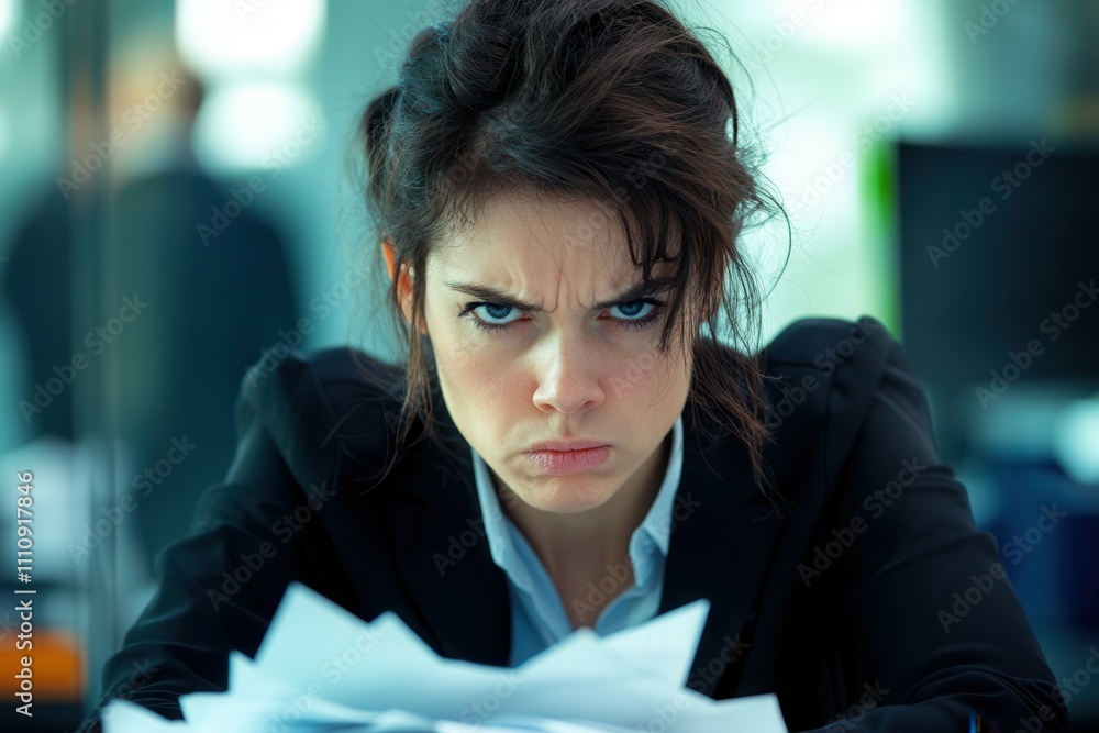 A business woman sits at her desk surrounded by piles of paperwork. Her ...