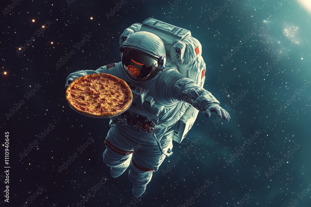 Astronaut is enjoying a pepperoni pizza while floating in outer space ...