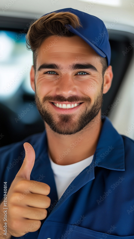 smiling auto mechanic, young American man, wearing maintenance uniform ...