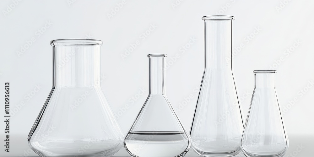 Collection of laboratory glassware arranged on a light background ...
