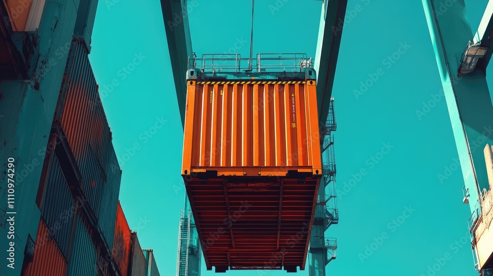 Container being lifted at shipping port front view Cargo handling ...