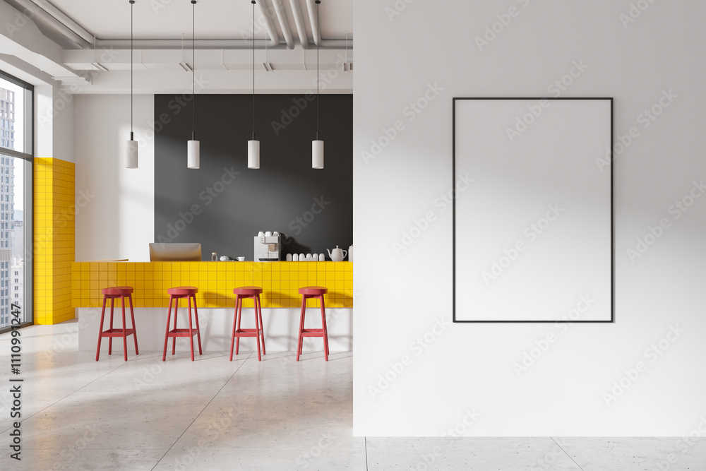 Blank poster mockup in a modern cafe interior with yellow counter and ...