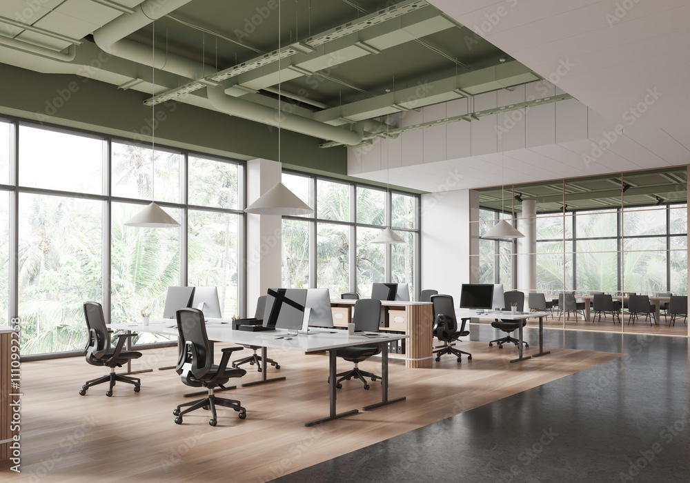Modern open-plan office interior with large windows, ergonomic ...