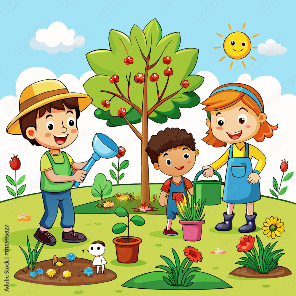 child, illustration, gardening, person, cartoon, boy, smiling, growth ...