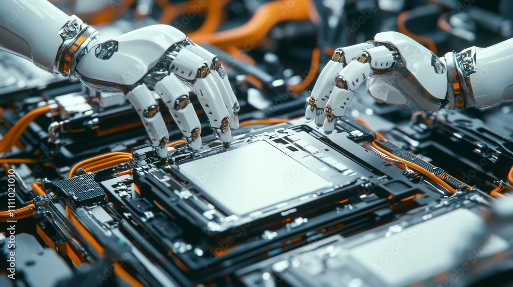 Row of White Robotic Arms at Automated Production Line at Factory. Electric Car Manufacturing ...