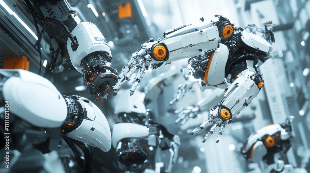 Row of White Robotic Arms at Automated Production Line at Factory ...
