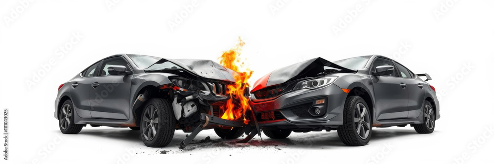 Two wrecked cars in a fiery head-on collision on isolated white ...
