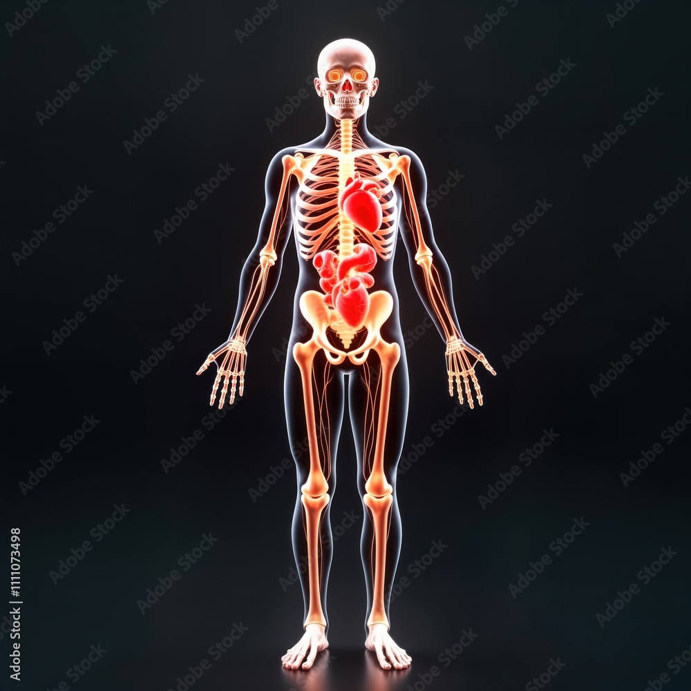 3D illustration shows human anatomy. X-ray style displays heart limbic ...