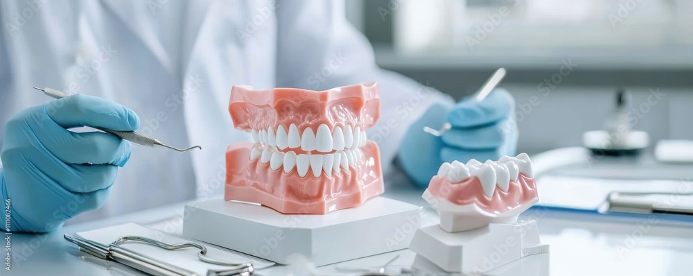Dental model and tools on a desk with gloved hands holding dental ...