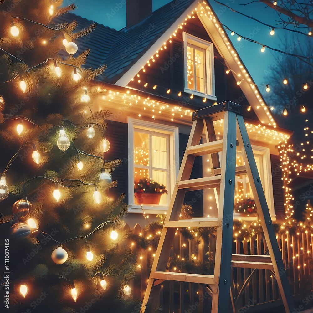 Christmas string lights hanging on ladder rung outside of house ...
