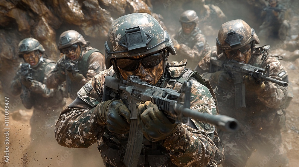 some asian soldiers in full combat gear, performing intense military training exercises in a ...