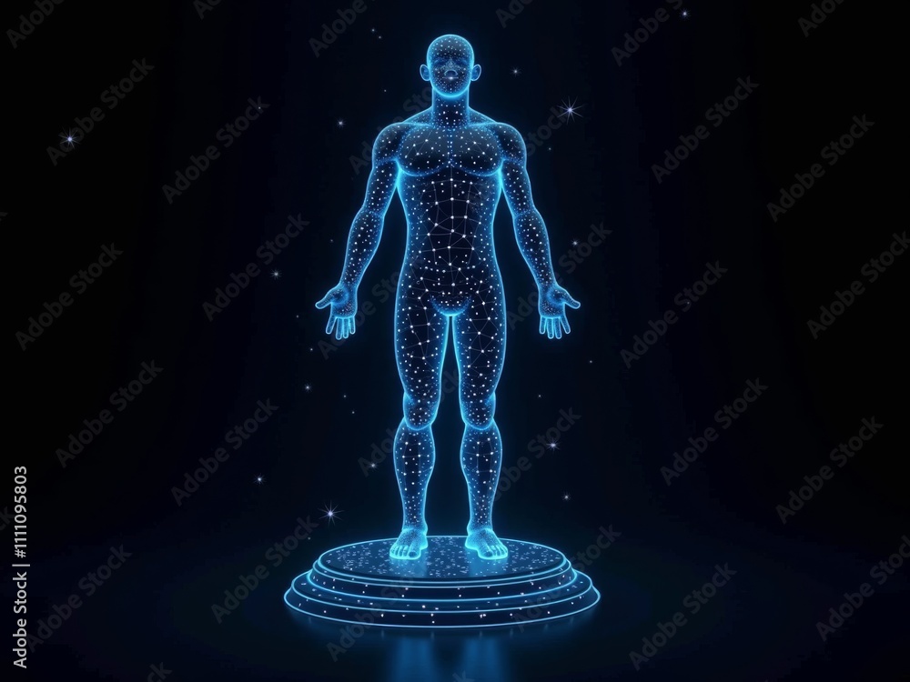 hologram of male body anatomy with lines and glowing particles on dark ...