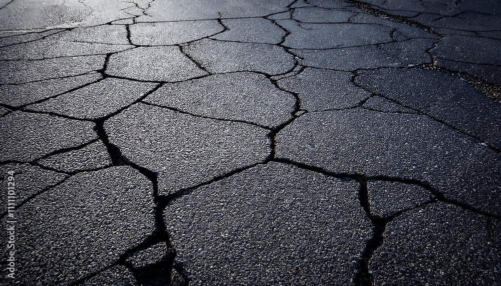 Weathered asphalt with cracks and gravel specks creating a rugged and ...