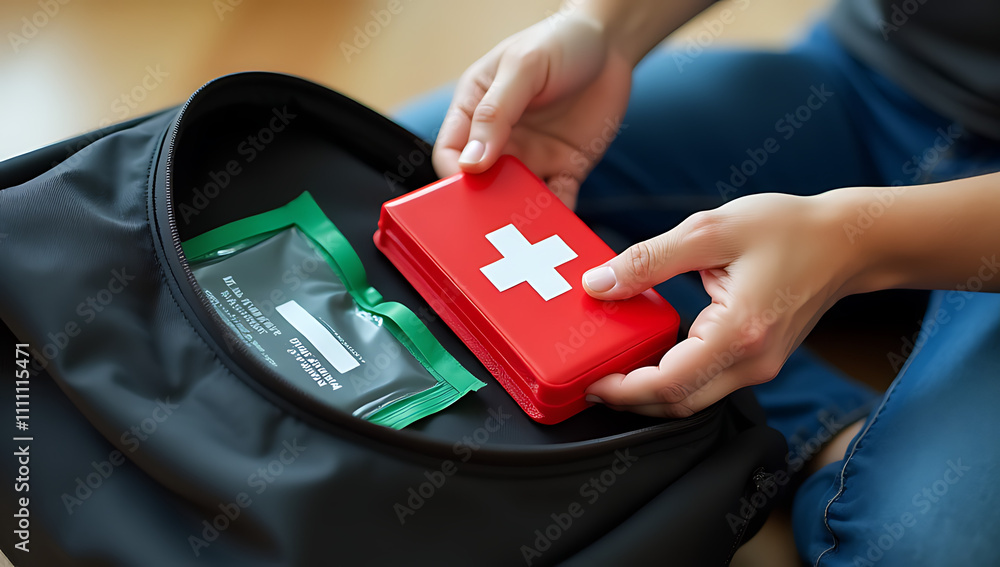 A person is shown packing a first aid kit into a travel bag for ...