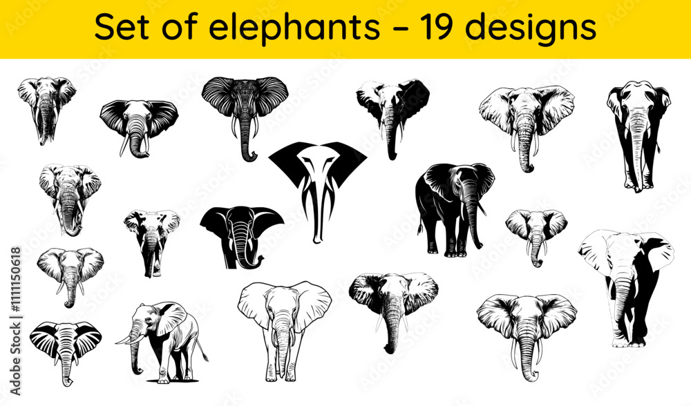 Set of elephants - 19 Designs - Collection of various elephant ...