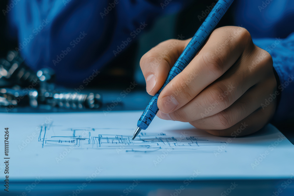 person sketching architectural designs with precision using pen. focus ...