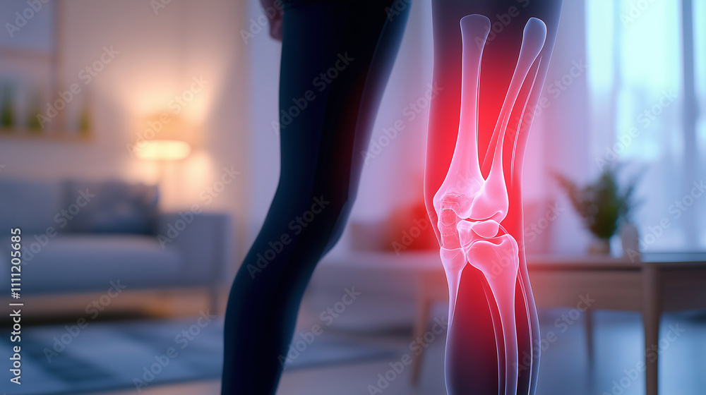 Woman suffering from knee pain, highlighted joint inflammation, bones ...