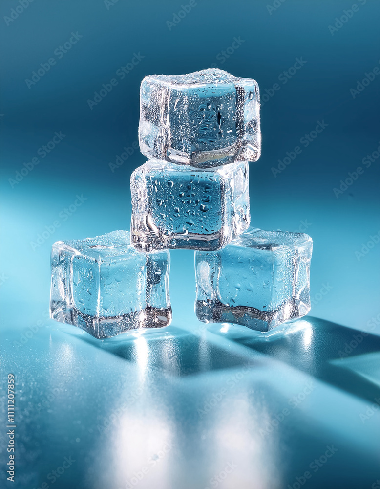 Sparkling ice cubes on pastel blue background with light reflection ...