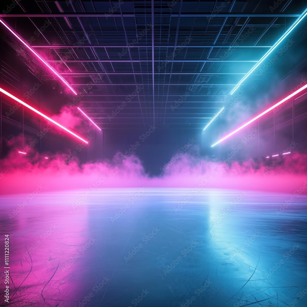 Futuristic ice rink arena glows under vibrant neon lights. Smoke fills ...
