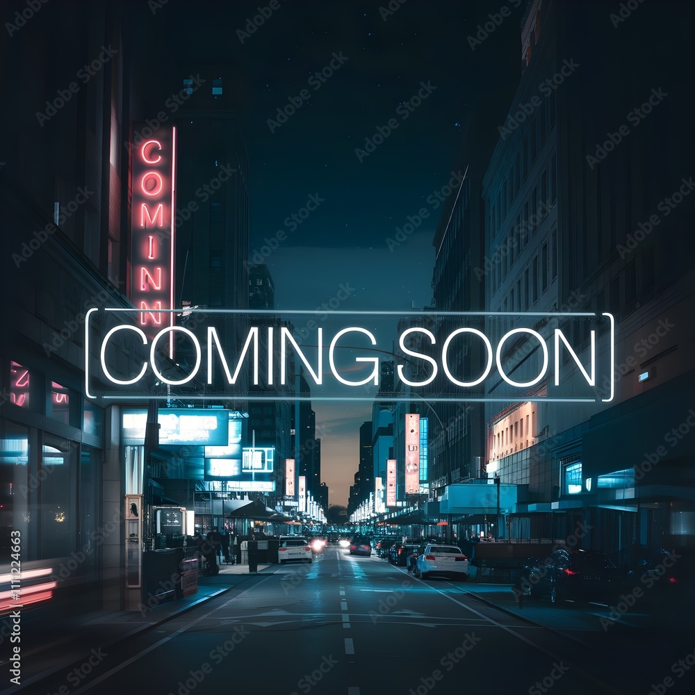 Bright neon "Coming Soon" sign illuminating a lively urban street scene ...