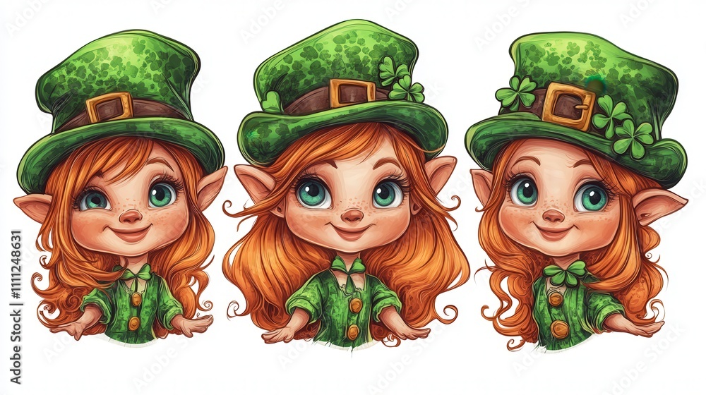 3 cute leprechaun wearing shamrock hats, clipart a white background ...