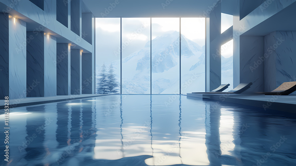 A luxurious indoor swimming pool with sleek marble floors, ambient ...