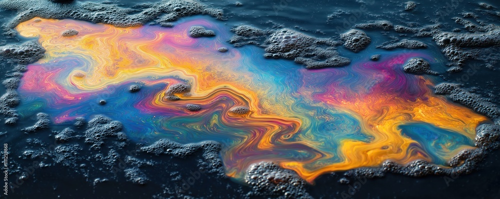 Colorful oil slicks on water surface create iridescent patterns ...