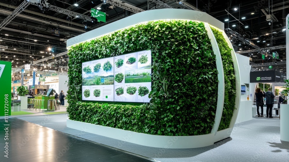 Green wall display booth with lush plants at a trade show exhibition ...