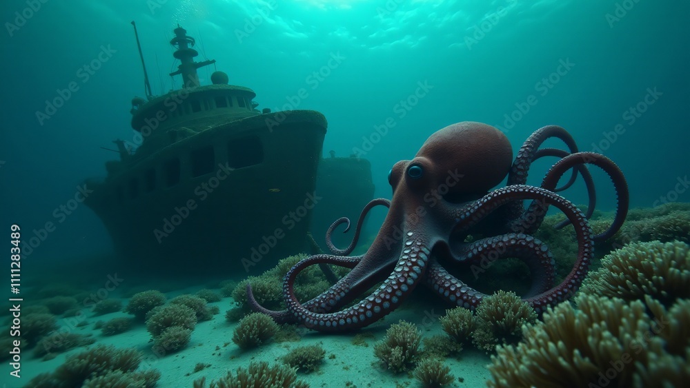 An octopus exploring a shipwreck, its tentacles investigating the rusty ...