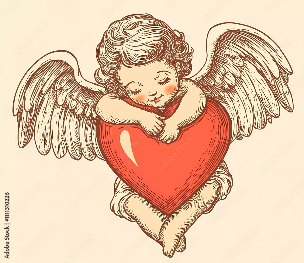 Cupid angel hugging a red heart, vector illustration in a vintage line ...
