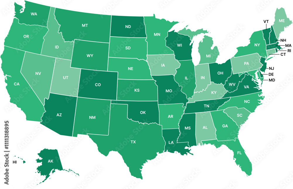 A vector map of the USA in shades of green, where each state has a ...