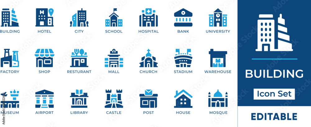 Vector de Stock Building Icon Set. Features editable icons for building ...