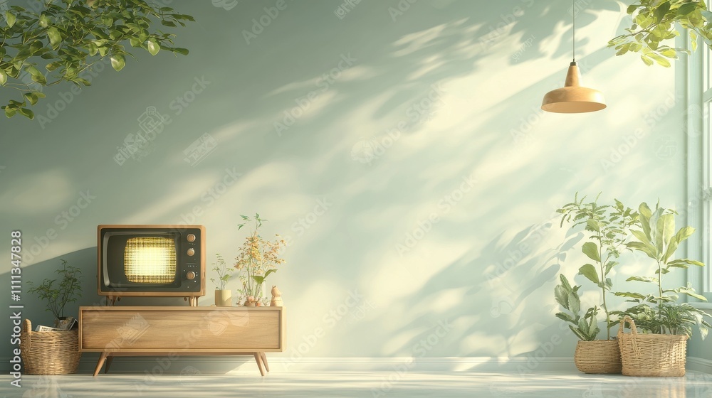 Nostalgic vintage living room scene with old tv displaying test pattern ...
