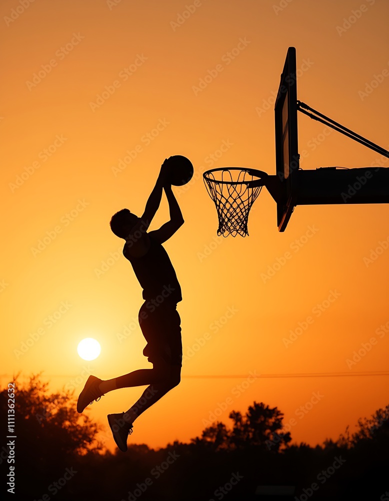 Side view of silhouette basketball player dunking a ball into a ...