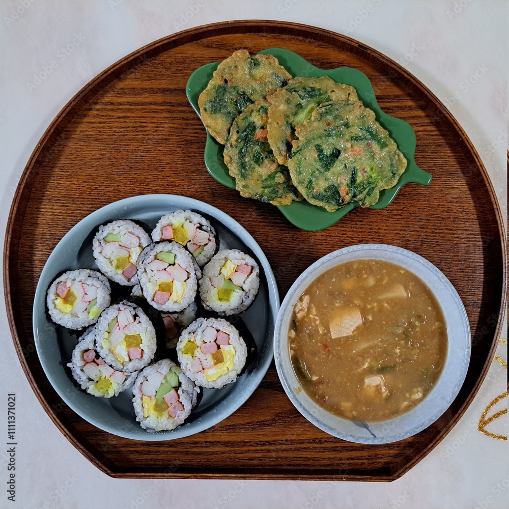 Delicious kimbap rolls filled with fresh vegetables, seasoned rice, and ...