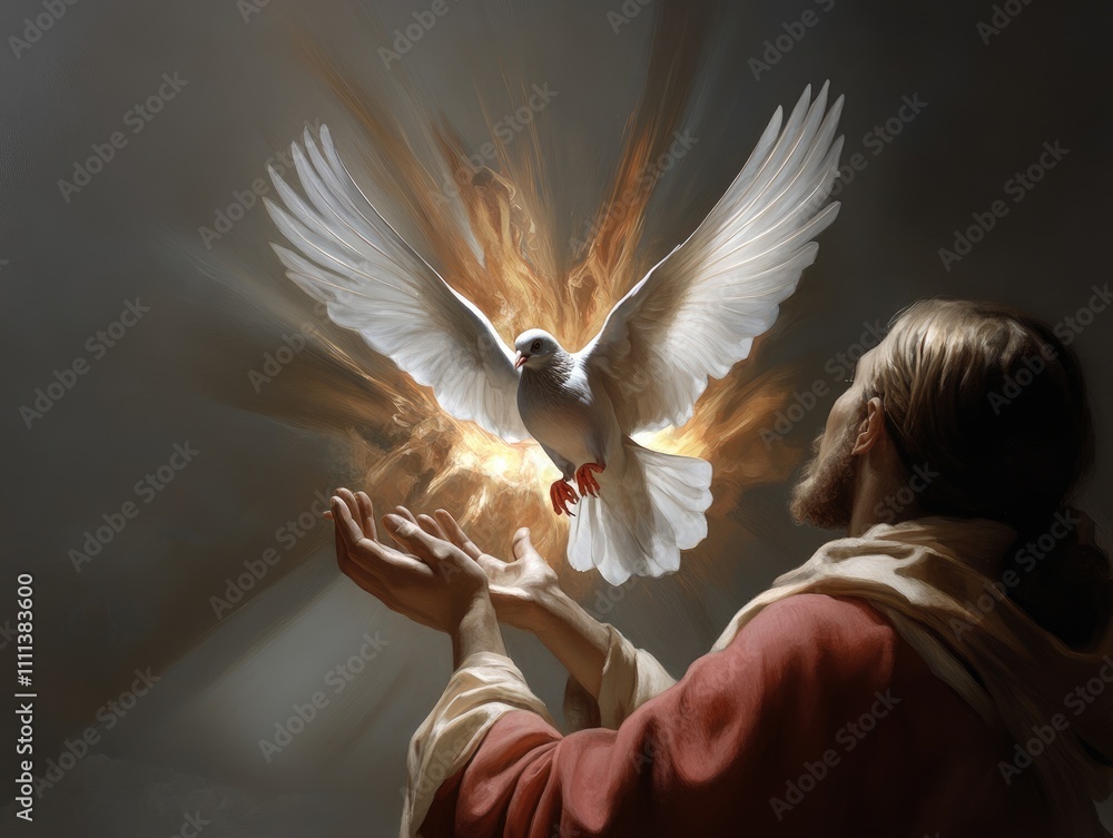 Divine presence, holy spirit symbolized by a white dove surrounded by ...