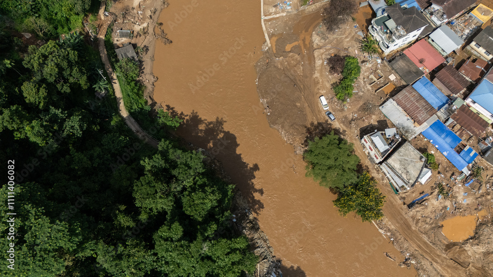 Aerial view of Sai river a river that forms the natural border between ...